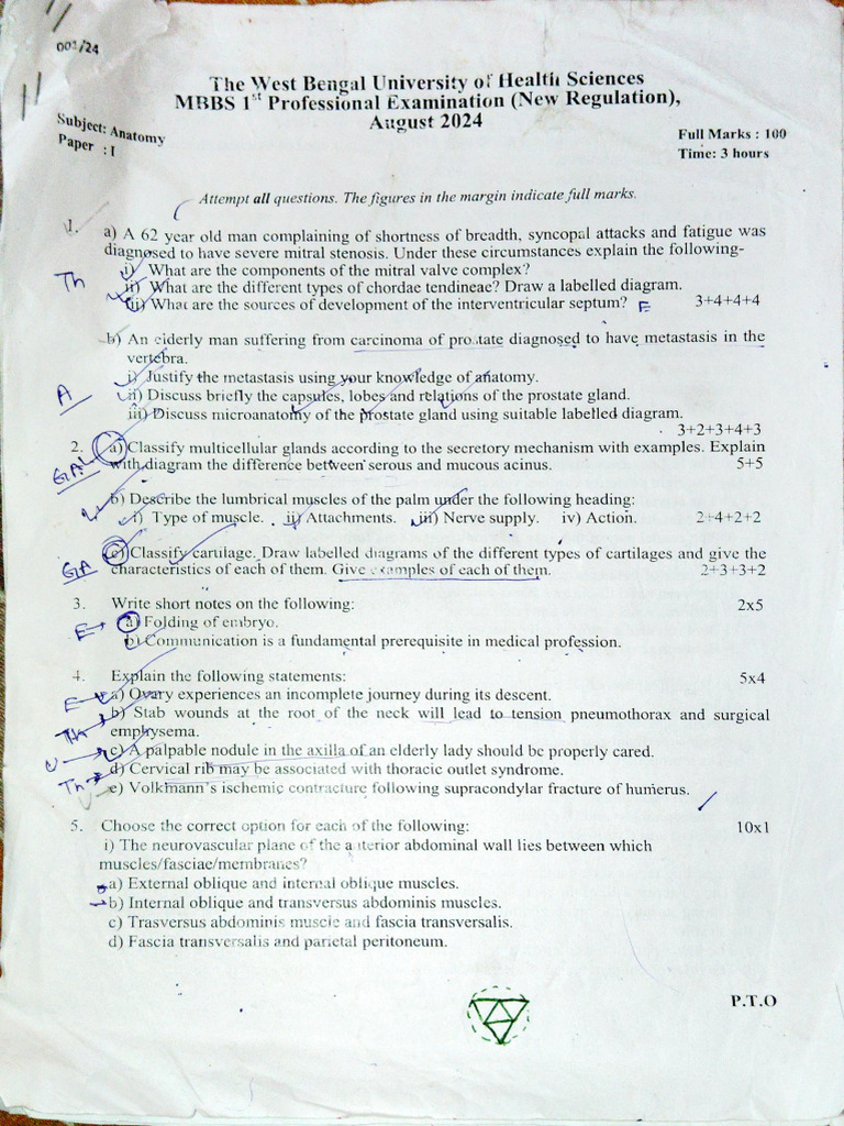 1st Professional MBBS Examination (23-24) Question Papers | PDF