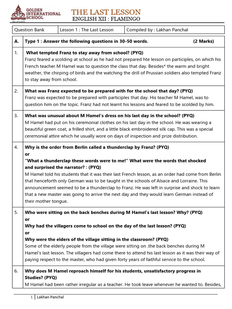 Last Lesson Question Bank and Answers | PDF