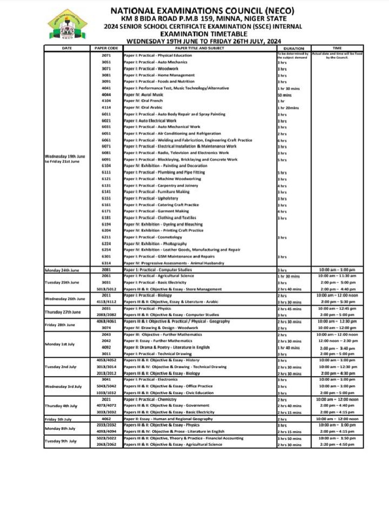 FINAL NECO 2024 TIMETABLE_240513_175902PDF_240608_115800 (1) | PDF