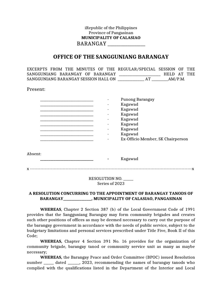 Resolution On The Appointment of Barangay Tanods | PDF | Government