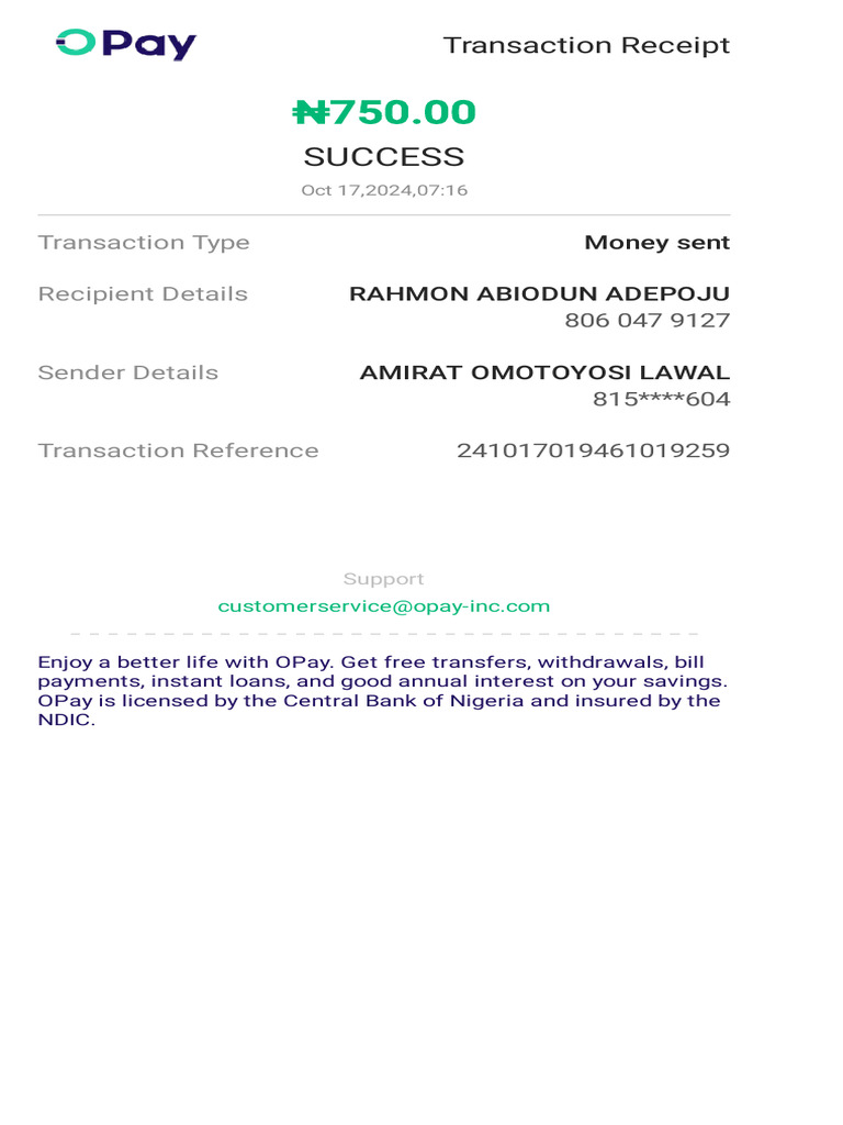 OPay Transaction Receipt ₦750.00 | PDF