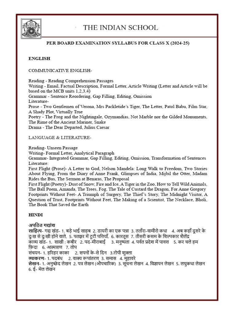 Class 10 Pre Board Syllabus 2024-25 | PDF | Equations | Area