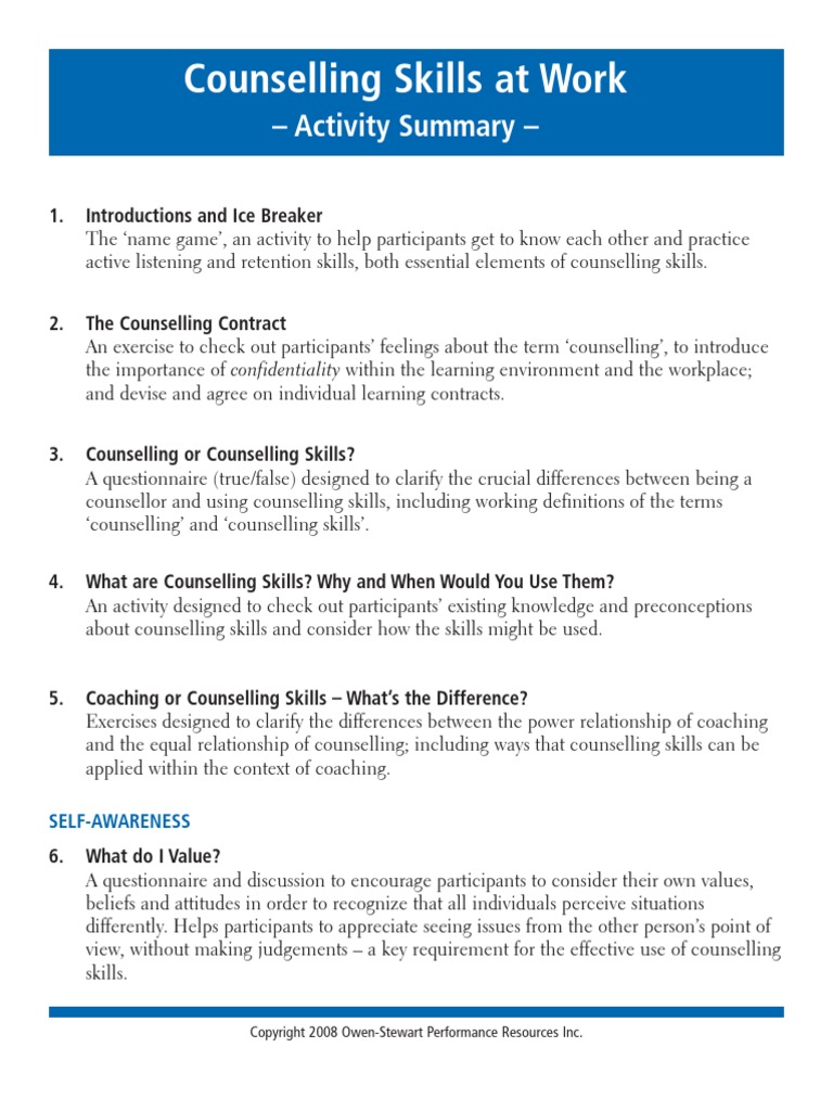 Counselling Skills at Work: - Activity Summary | PDF | Stress (Biology ...