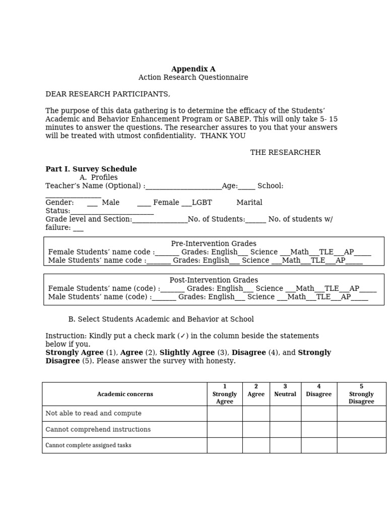 SABEP Research Participant Questionnaire | PDF | Behavioural Sciences ...