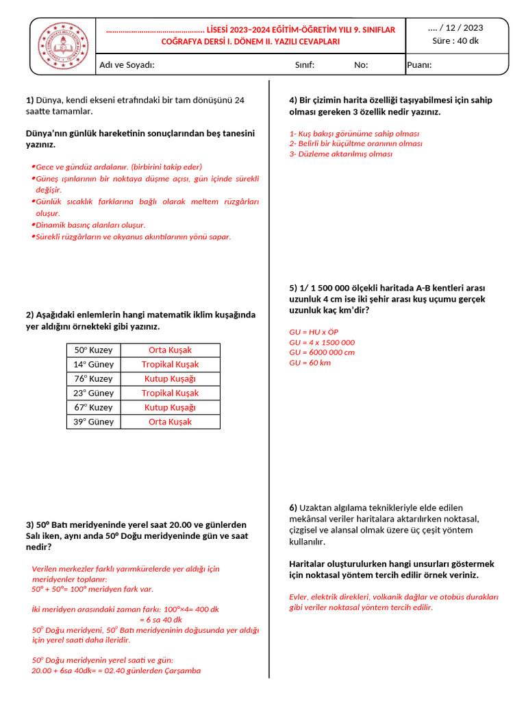 9-sinif-1-donem-2-yazili-cevap-anahtari-2023-2024 | PDF