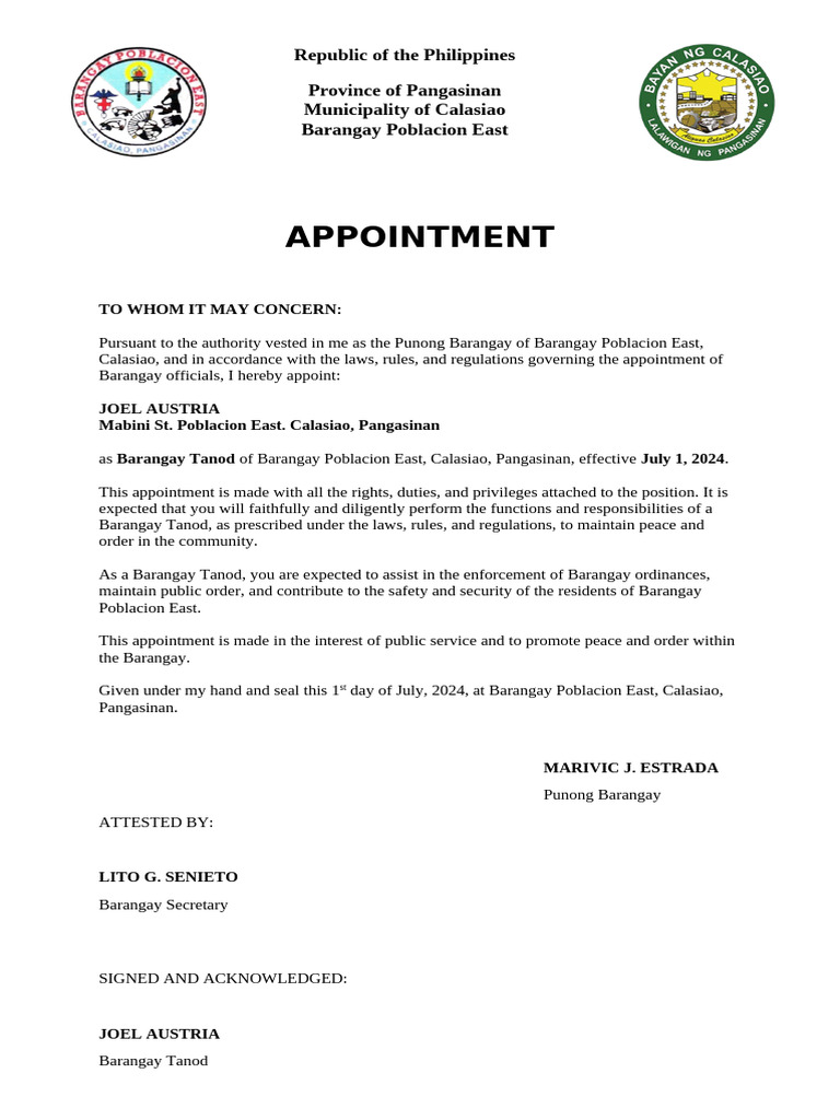 APPOINTMENT and RESOLUTION TANOD | PDF | Government | Justice