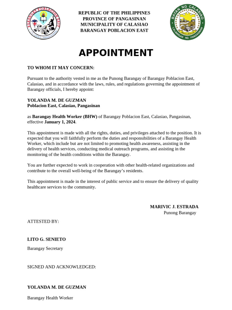 Barangay Appointments in Calasiao | PDF | Public Services | Social Programs