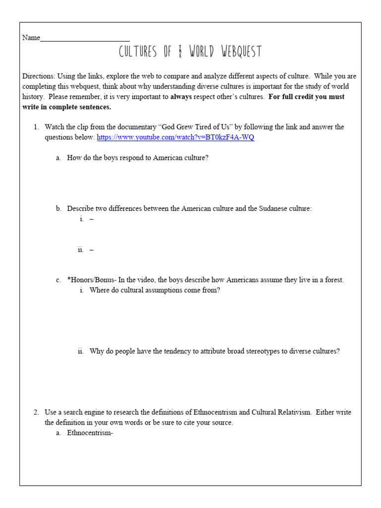 CulturesoftheWorldWebquest-1 | PDF