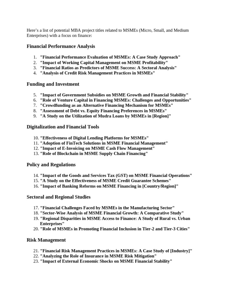MBA Finance Project Titles on MSMEs | PDF | Financial Markets | Small ...