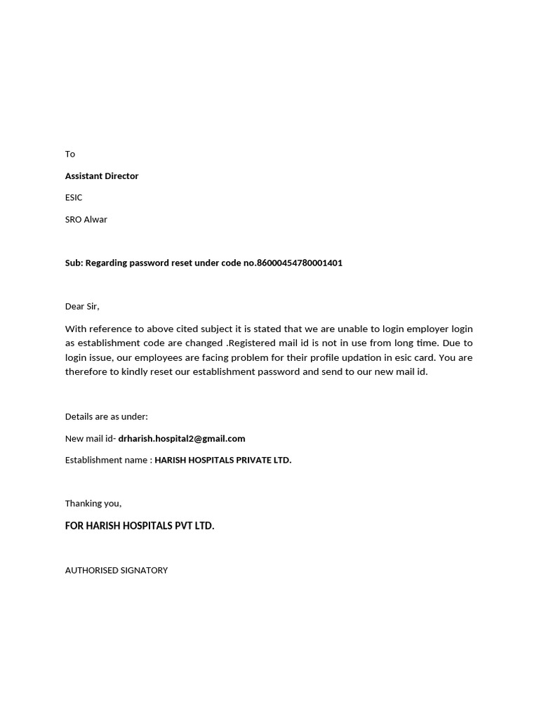 ESIC Password Reset Request Letter | PDF
