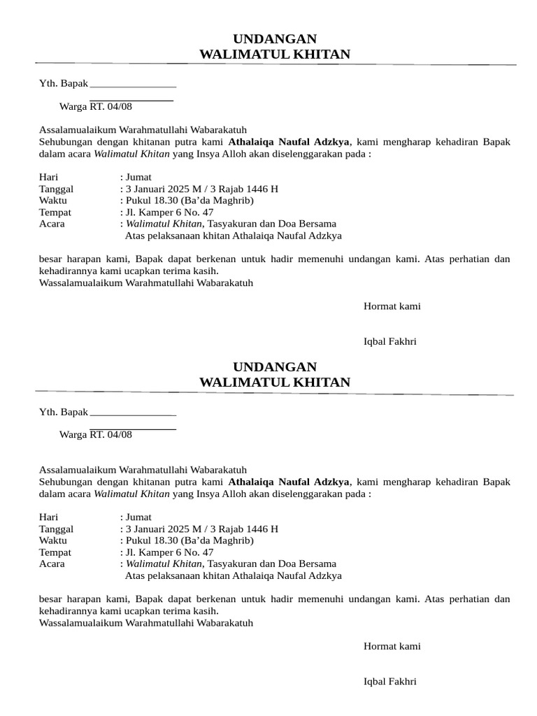 Undangan Walimatul Khitan | PDF