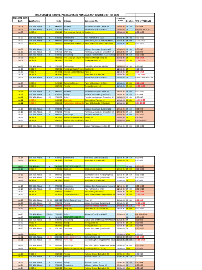 Preboard and Annual Time Table Jan 2025 Edited Dec31 | PDF | Computer ...