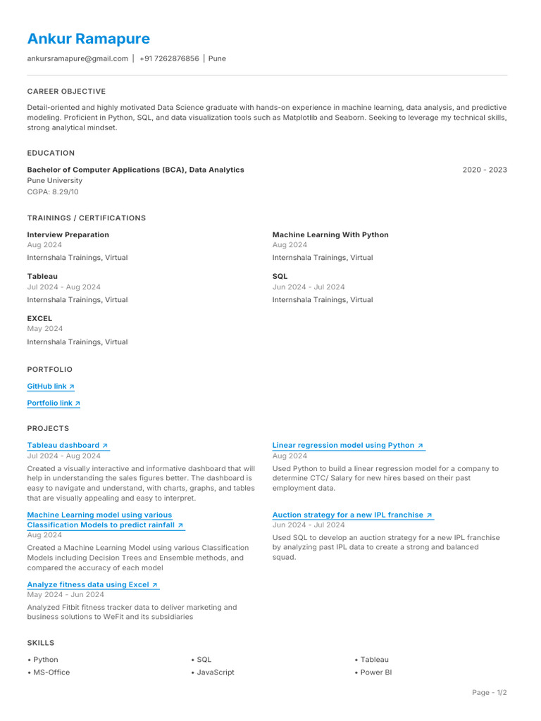 AnkurRamapure InternshalaResume | PDF | Machine Learning | Applied Mathematics