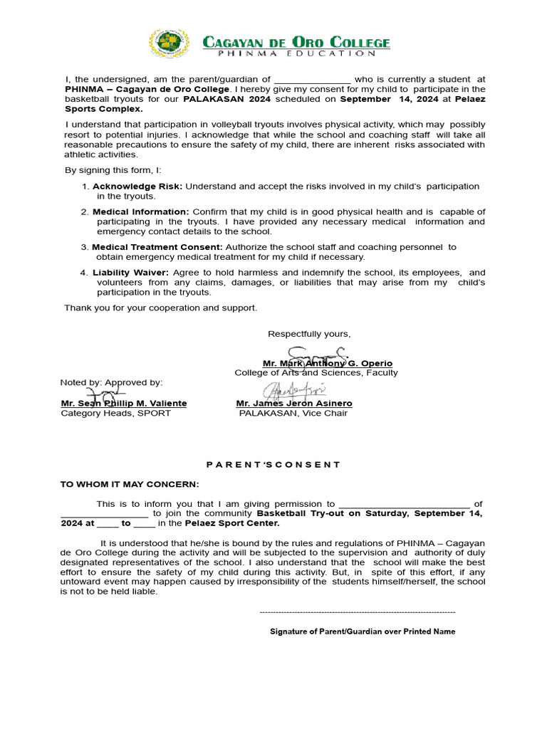 PARENTS CONSENT with Signatures (1) | PDF | Legal Liability | Consent