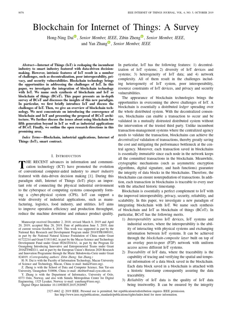 Blockchain For Internet of Things A Survey | PDF | Internet Of Things ...