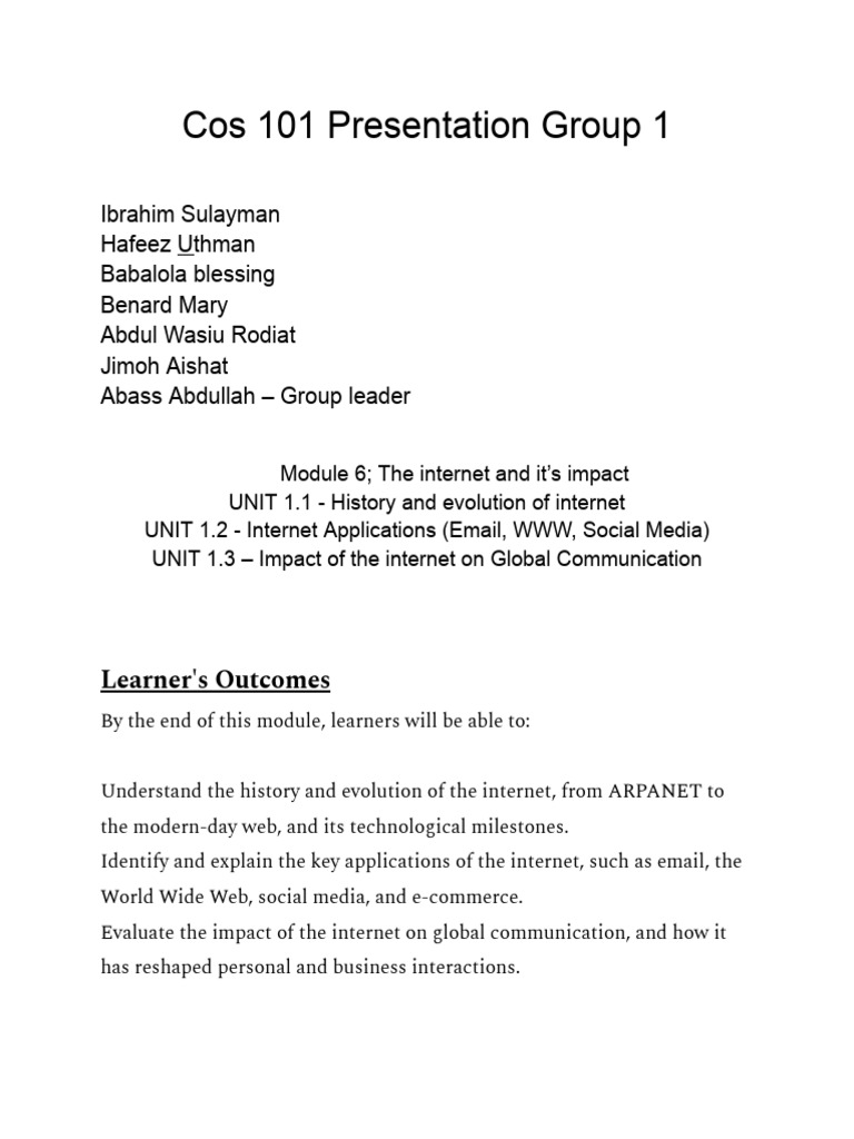 Cos 101 Presentation Group 1-1 | PDF | Internet | World Wide Web