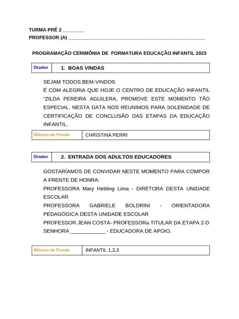 Roteiro Formatura Pré 2 2024 | PDF | Pré-escola