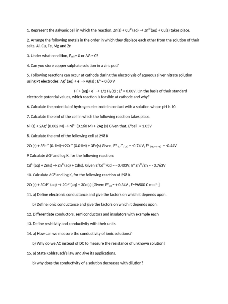Electrochemistry Worksheet | PDF | Electrochemistry | Electrical ...