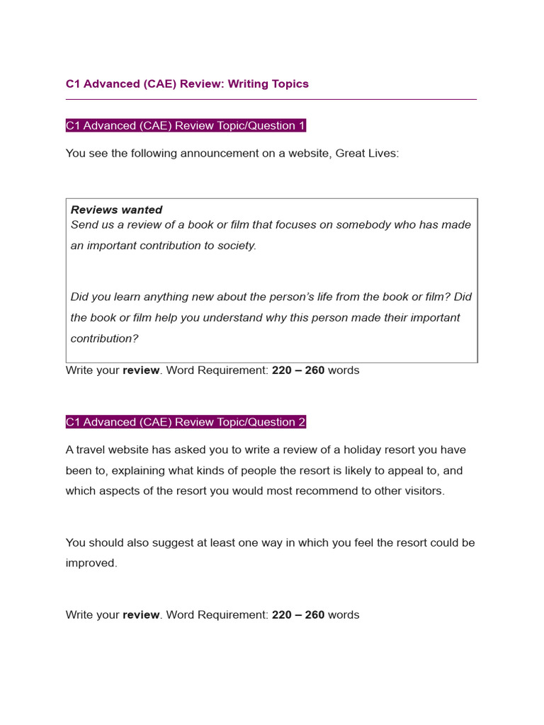 C1 Advanced CAE Review - Writing Topics PDF | PDF