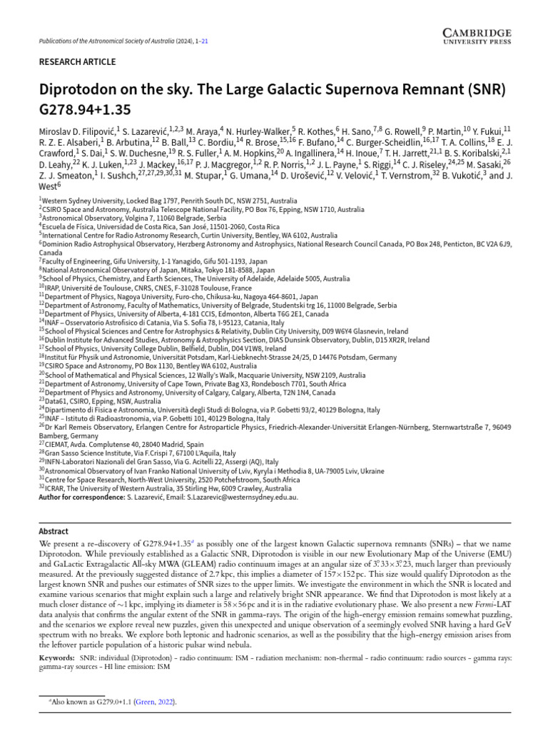 Diprotodon On The Sky. The Large Galactic Supernova Remnant (SNR) G278 ...