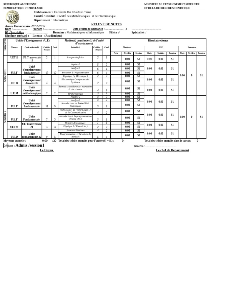Relevé de Notes - Université Ibn Khaldoun | PDF | Informatique ...