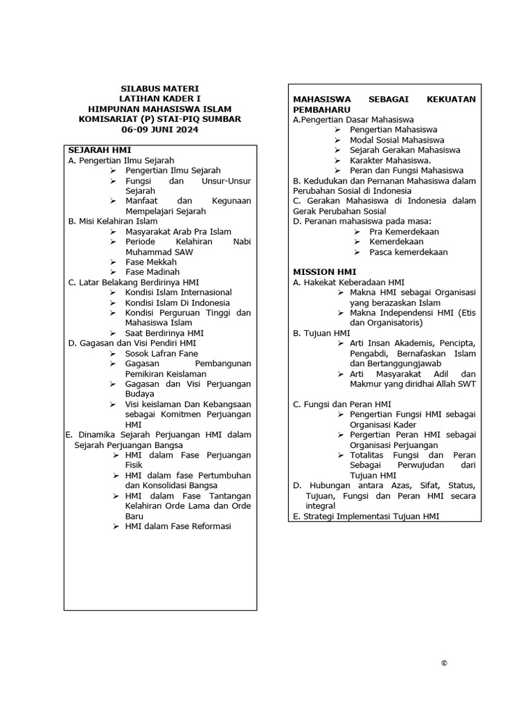 Silabus Materi Latihan Kader I Hmi Kom. (P) Stai-Piq | PDF