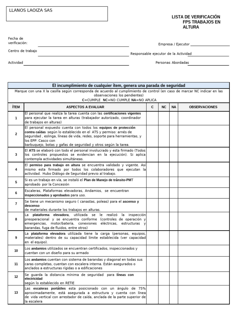 Lista de Verificacion Trabajos en Altura (1) | PDF | Andamio | Escalera