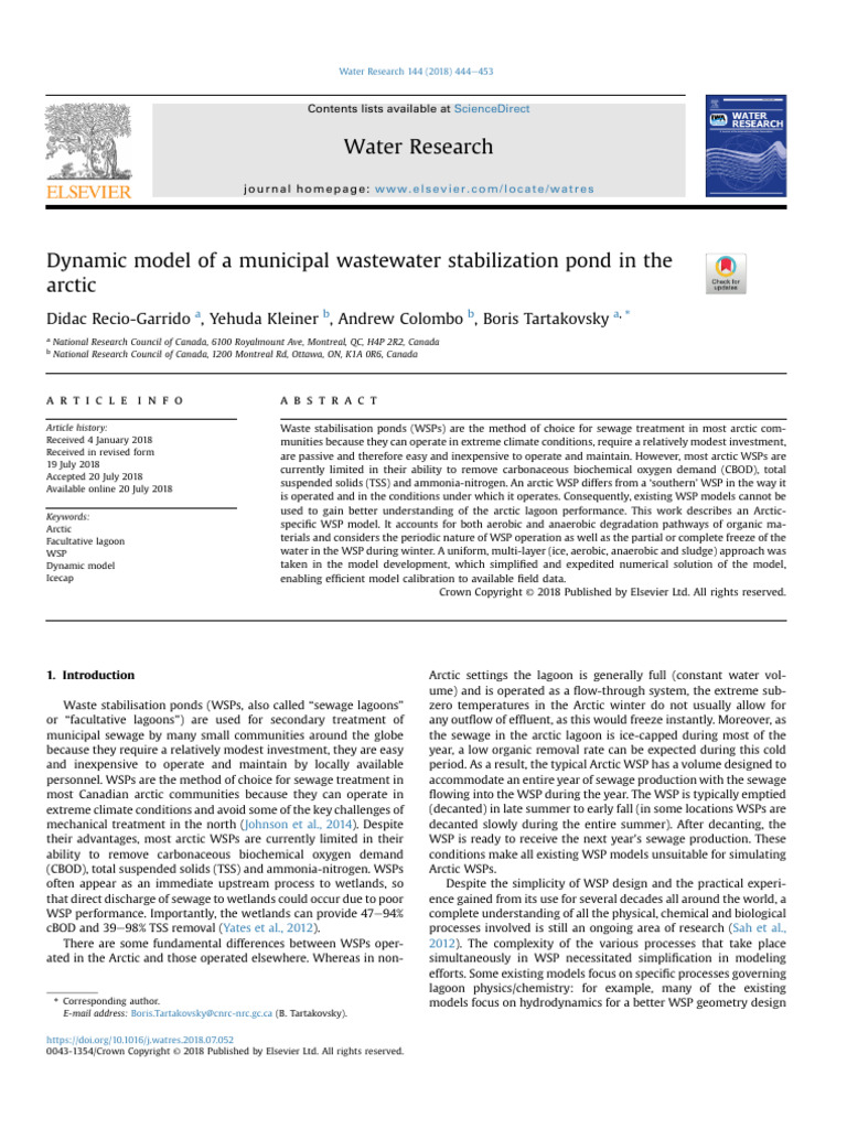 Dynamic Model of A Municipal Wastewater Stabilization Pond 2018 Water ...