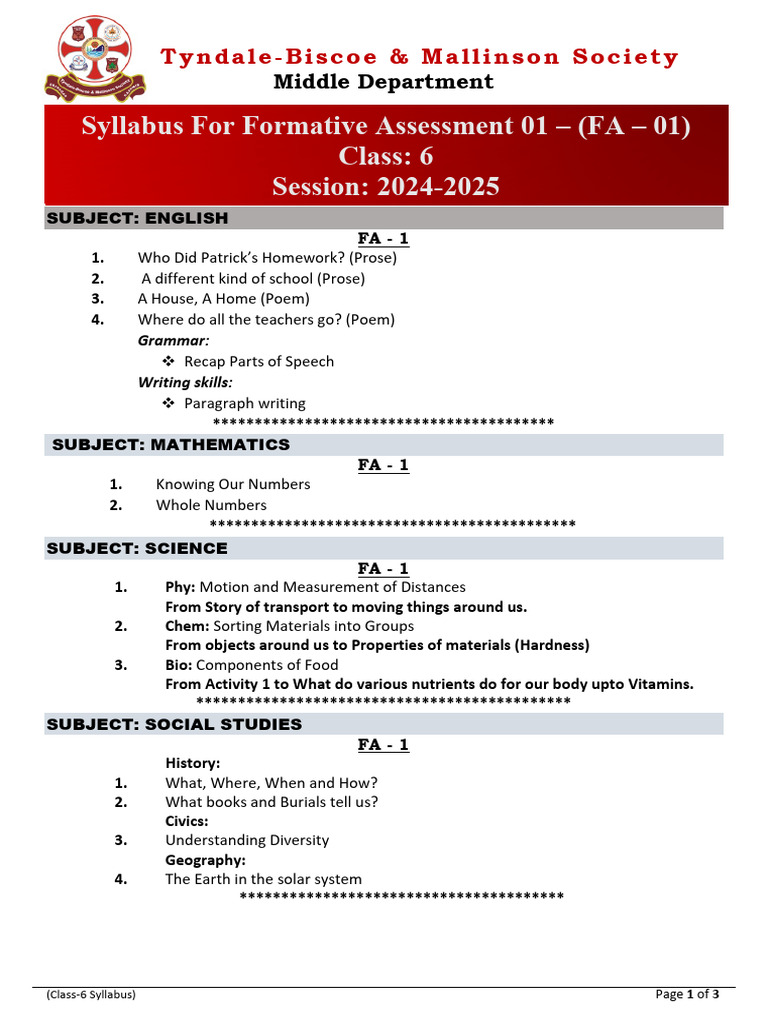 Class-6_FA1_Syllabus 2024-25 | PDF | Linguistics