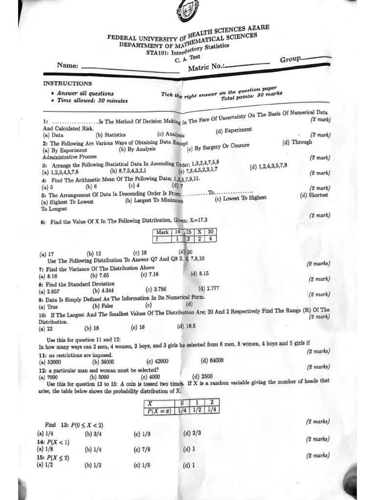 Sta 101 Ca Test | PDF