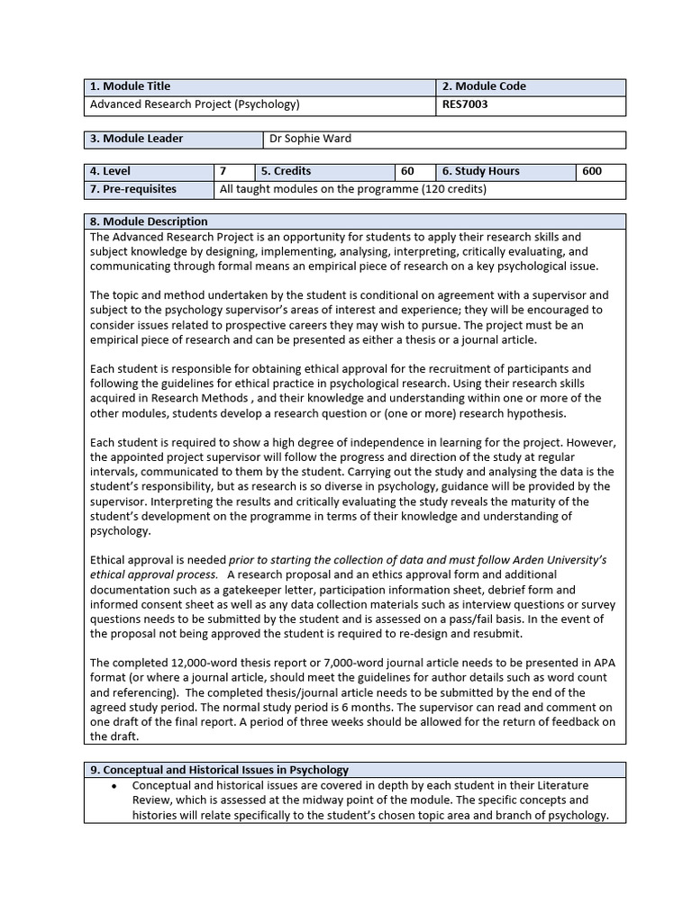 RES7003 Advanced Research Project (Psychology) | PDF | Methodology | Psychology