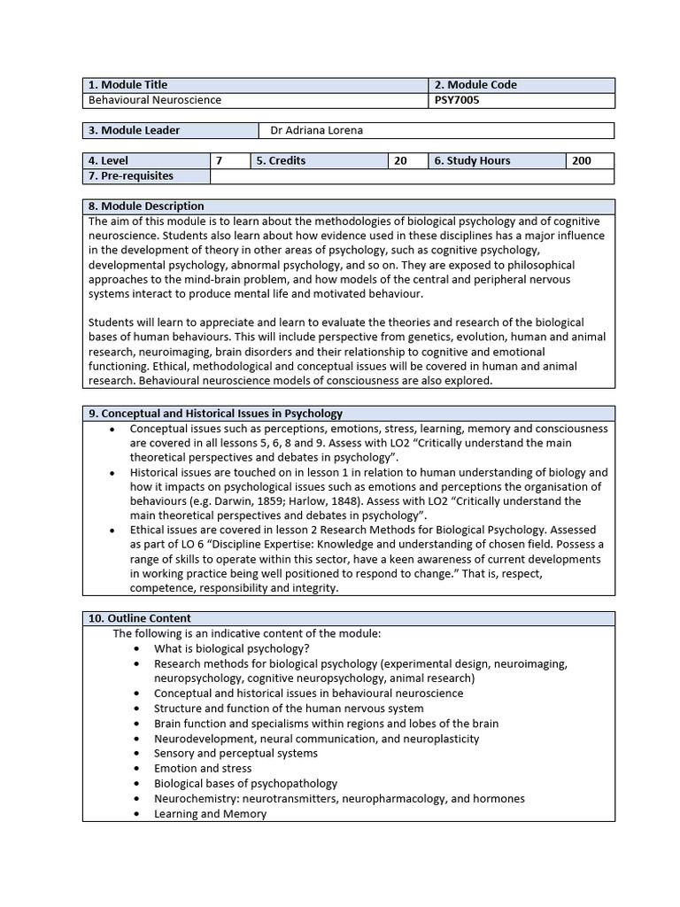 Behavioural Neuroscience Module Overview | PDF | Psychology | Neuroscience