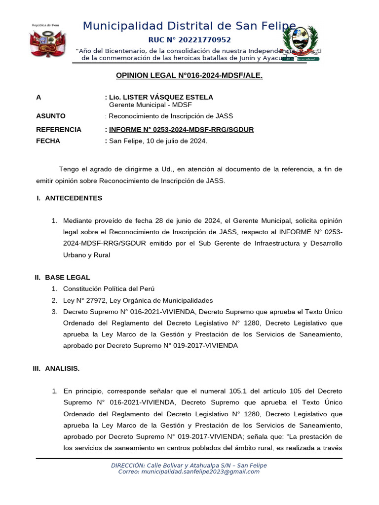 OPINION LEGAL N°016-2024 AUTORIZACION JASS | PDF | Presupuesto | Perú
