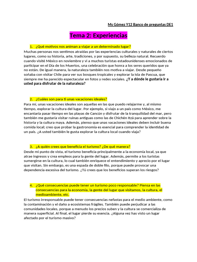 Old Version IB Spanish Speaking DE1 - Tema 2 Experiencias | PDF ...