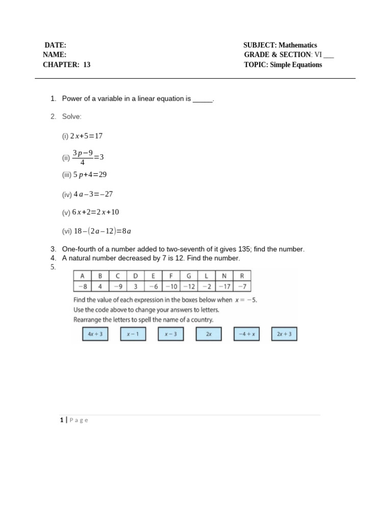 Simple Equation Worksheet | PDF