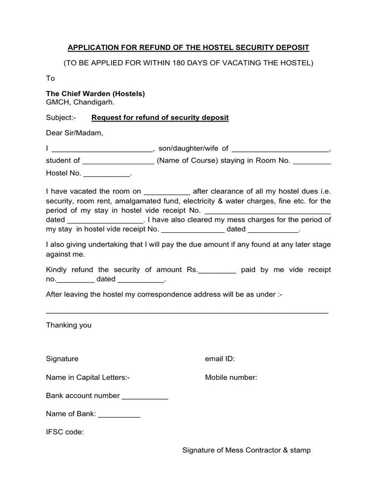Hostel Security Deposit Refund Application | PDF