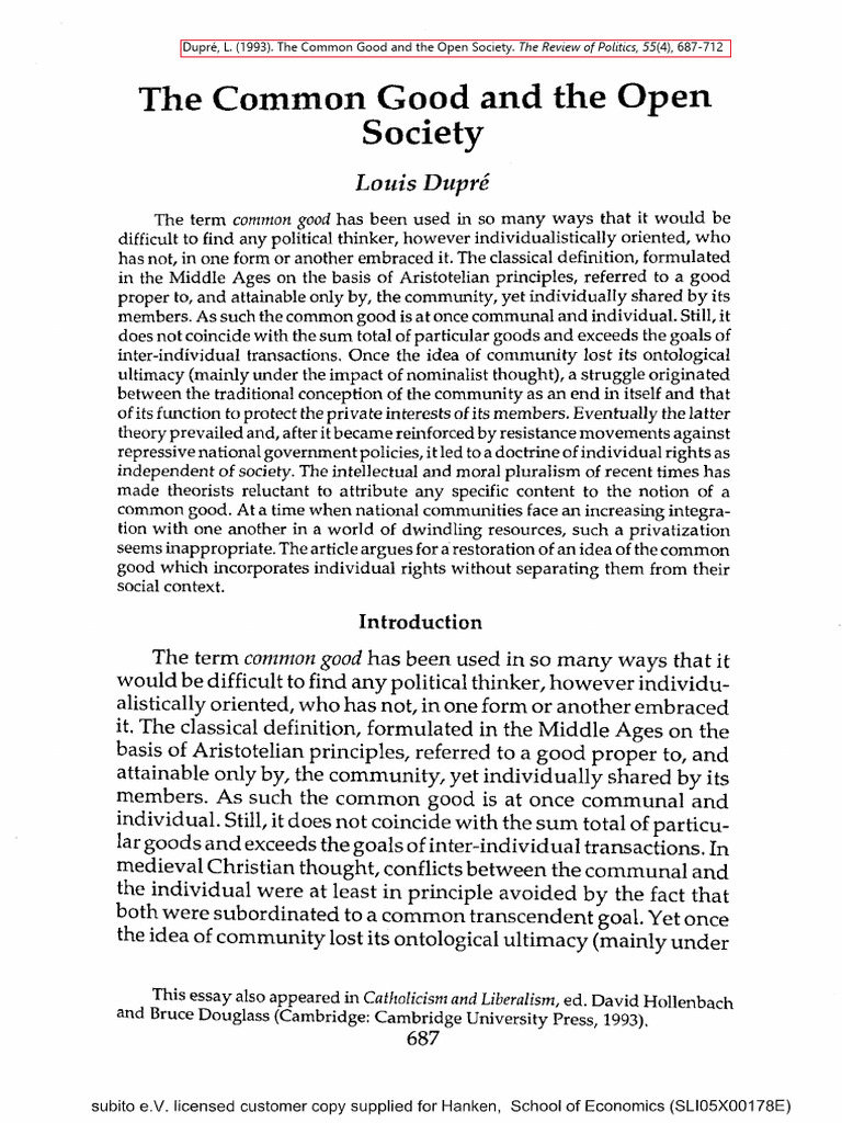 Dupre - 1993 Common Good | PDF | Thomas Aquinas | Utilitarianism