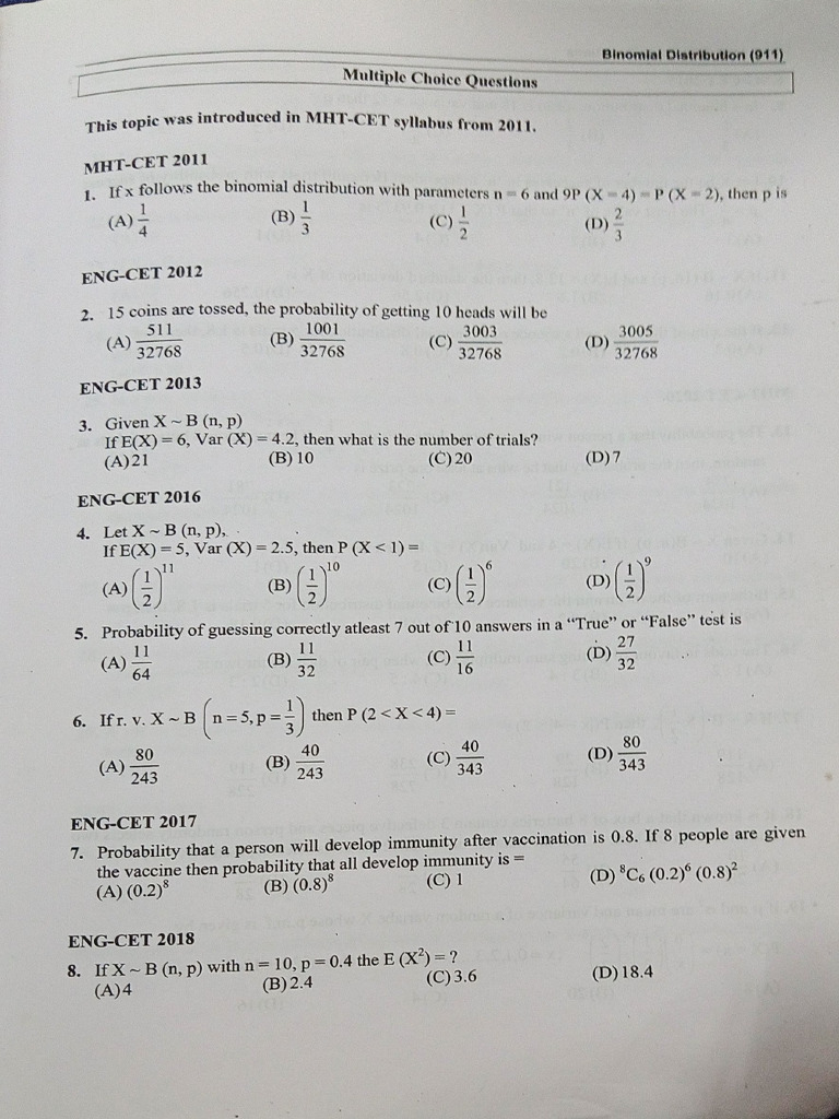 Binomial Distribution Cet MCQ | PDF