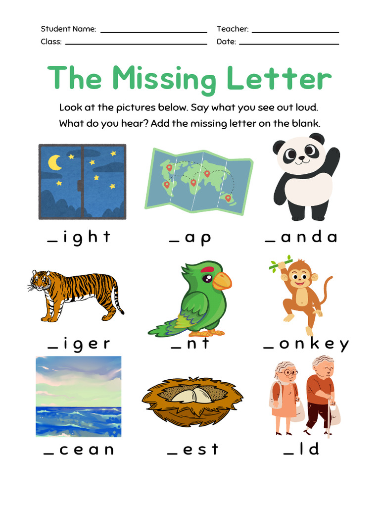Colorful English Spelling Missing Letter Activity Printable Worksheet | PDF