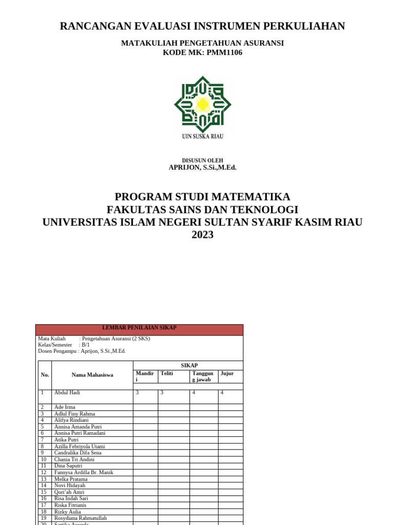 Rancangan Evaluasi Instrumen Perkuliahan | PDF