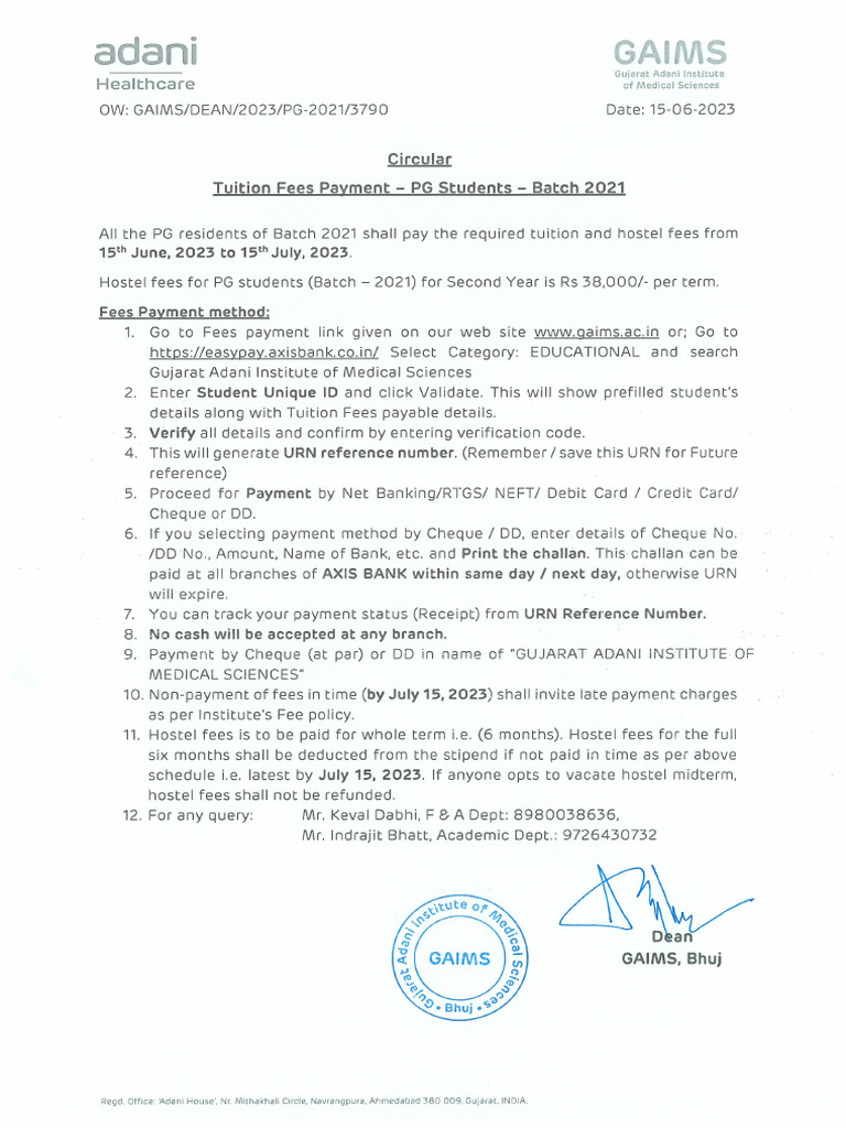 Tuition and Hostel Fees Payment PG Students Batch 2021 | PDF