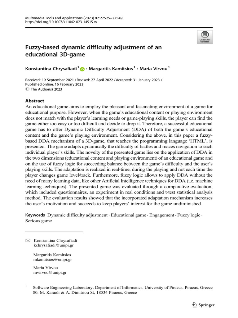 Fuzzy-Based Dynamic Difficulty Adjustment of An Educational 3D-Game | PDF | Artificial Neural ...