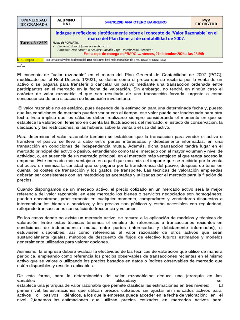 Tarea3 (2º Parcial) - PyV FICO-GTUR - Concepto de Valor Razonable' en El PGC de 2007 - Fecha ...