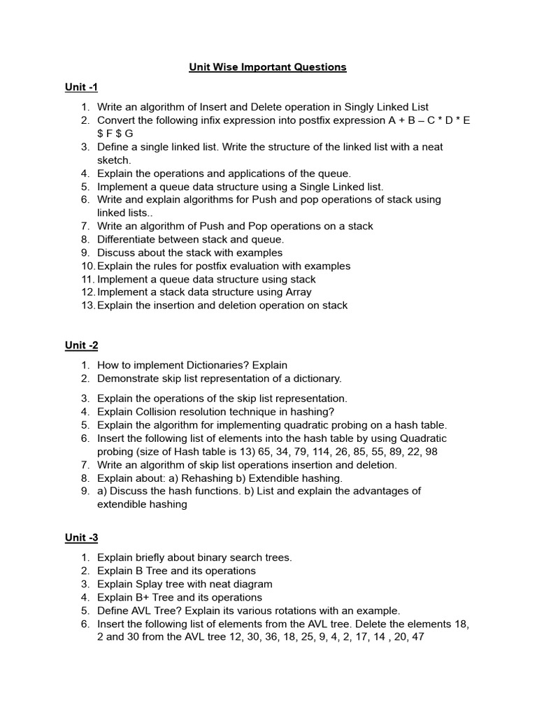 Data Structures Unit Wise Important Questions Pdf Algorithms And Data Structures Algorithms