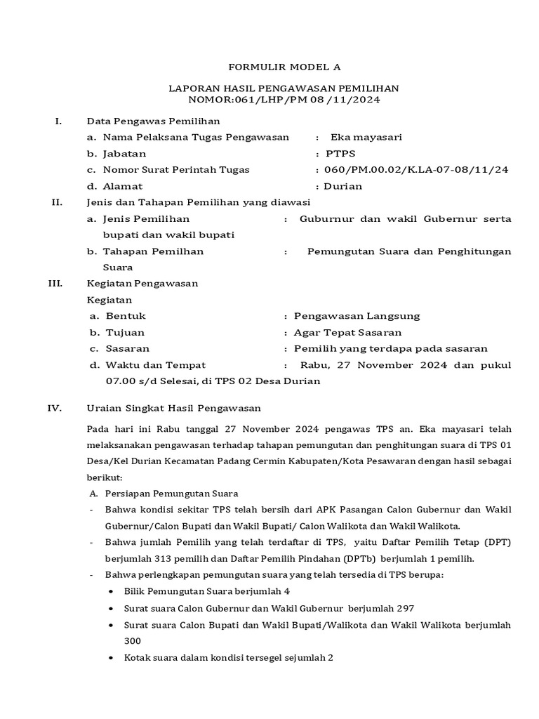 Form A Pemilihan TPS 001 | PDF