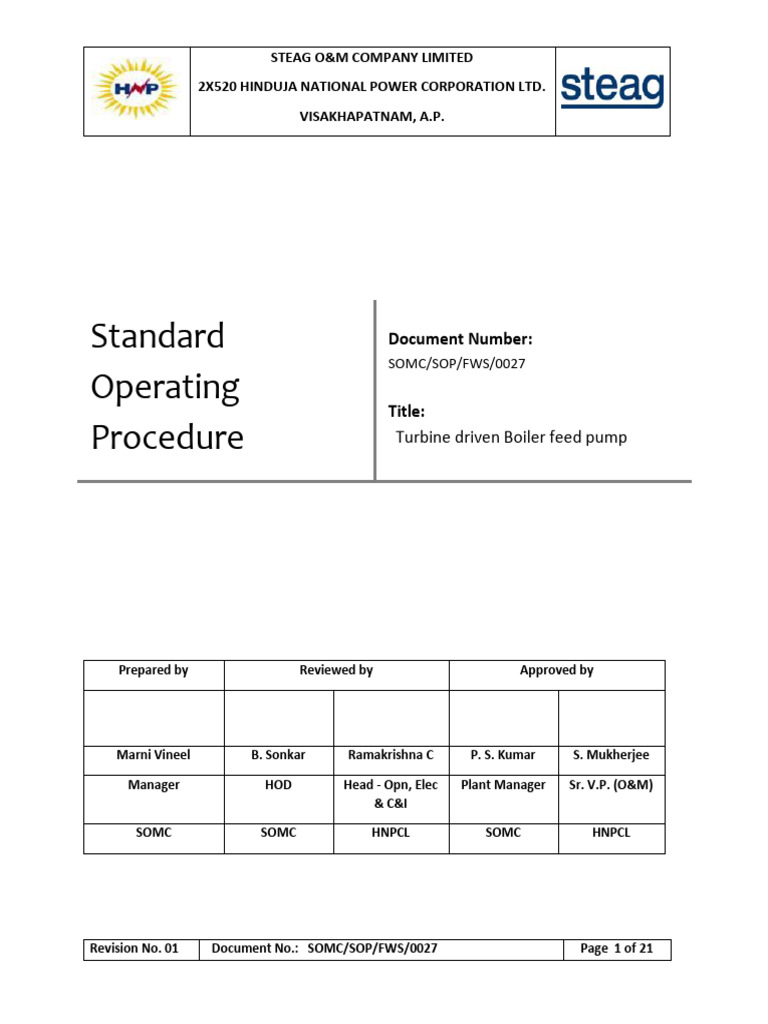 Sop TDBFP | PDF | Pump | Valve