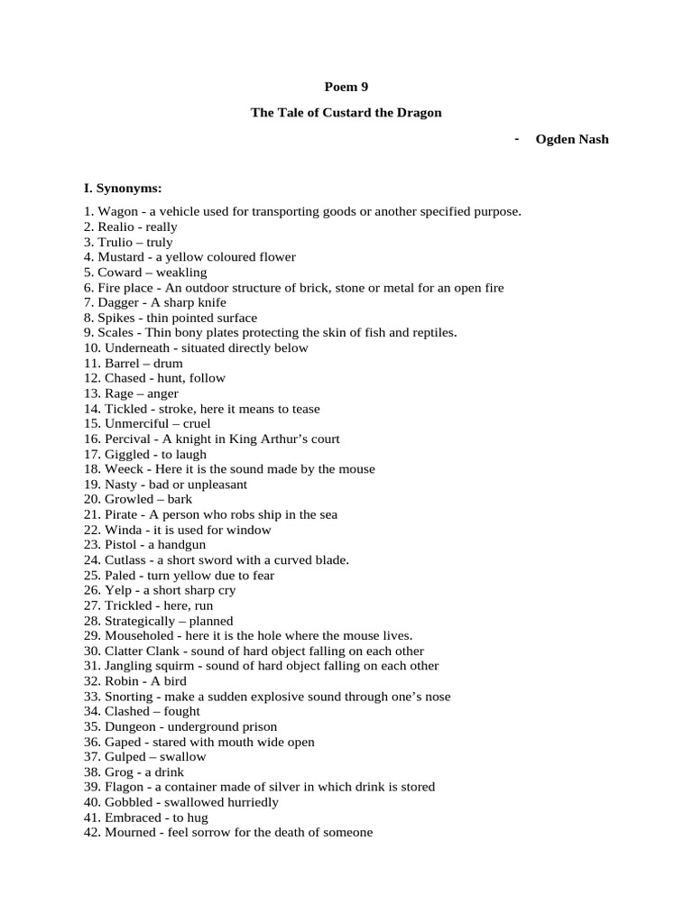 The Tale of Custard the Dragon (Poem-9) | PDF | Poetry | Rhyme