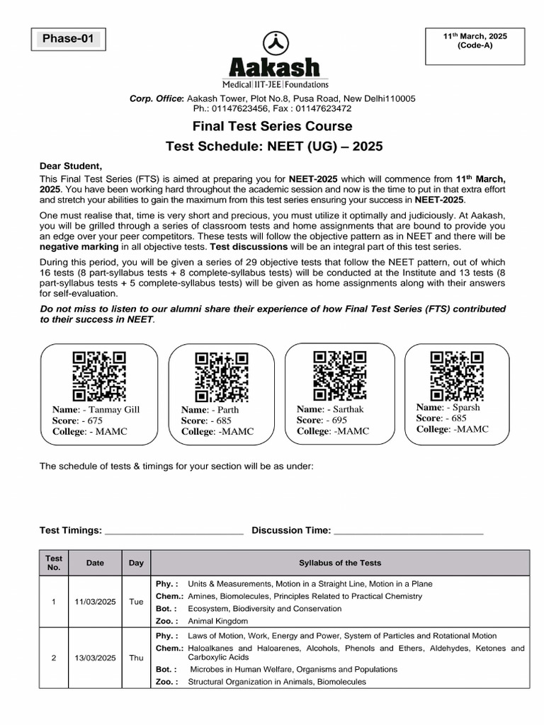 Final Test Series For NEET 2025 XII & RM Code A Phase 01 Schedule | PDF