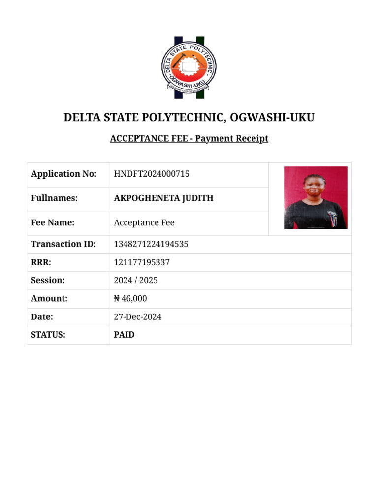 Judith Acceptance Fee Receipt | PDF