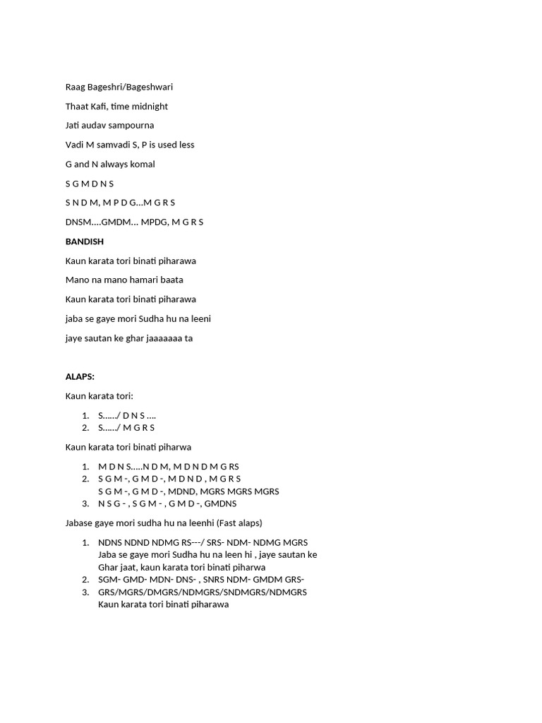 Raag Bageshri-Kaun Karata | PDF